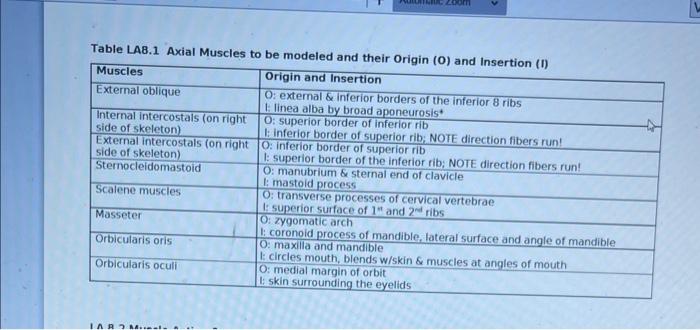 Table LAB.1 Axial Muscles to be modeled and their | Chegg.com