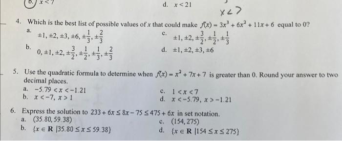 Solved 4. Which is the best list of possible values of x | Chegg.com