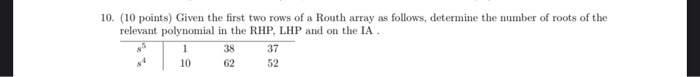Solved 10. (10 points) Given the first two rows of a Routh | Chegg.com
