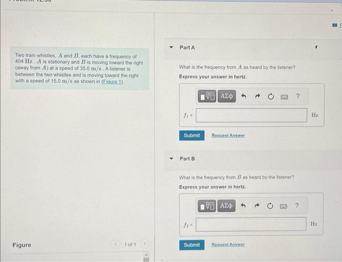Solved Two train whistles, A and B, each have a frequency of | Chegg.com
