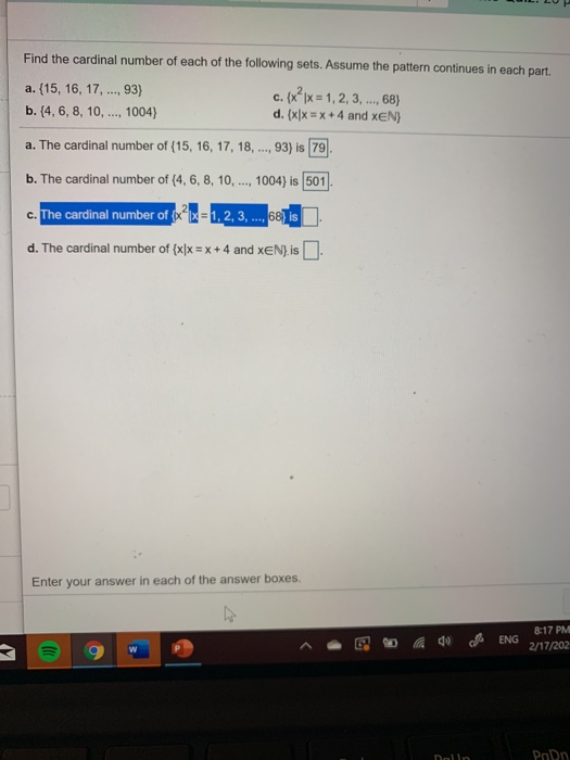 Solved Find the cardinal number of each of the following | Chegg.com
