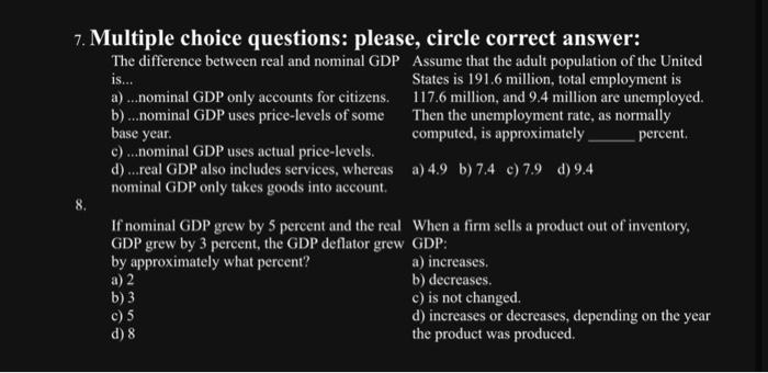Solved 7. Multiple choice questions: please, circle correct | Chegg.com