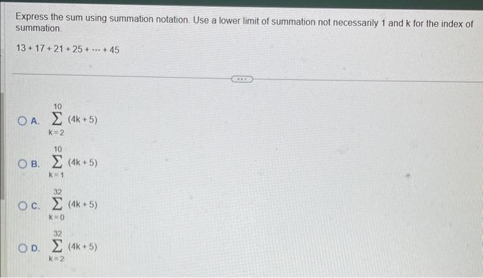 Solved Express The Sum Using Summation Notation Use A Lower 9298