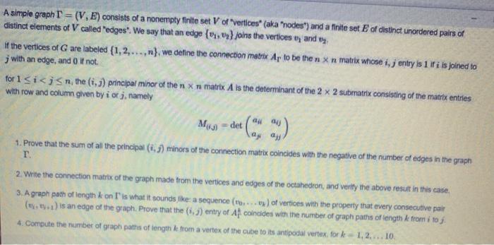 A simple graph 1 = (V, E) consists of a nonempty | Chegg.com