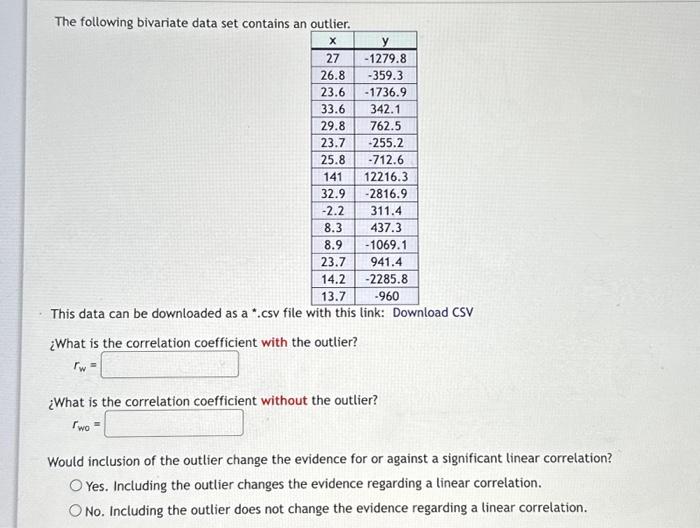 Solved The following bivariate data set contains an nitlior | Chegg.com