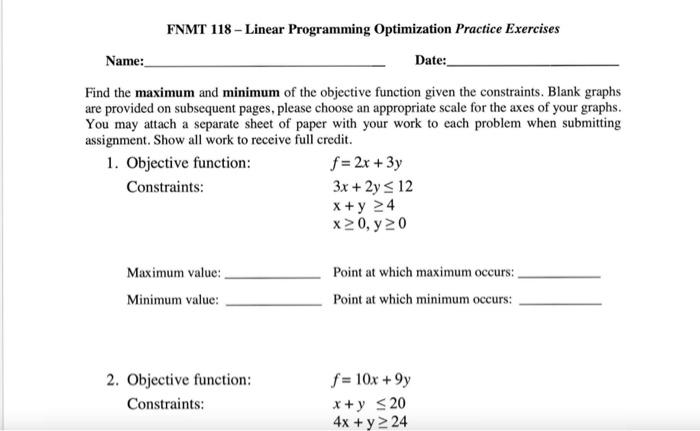 Solved FNMT 118 - Linear Programming Optimization Practice | Chegg.com