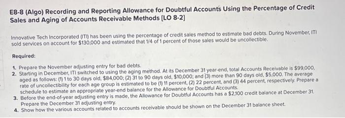 Solved E8-8 (Algo) Recording and Reporting Allowance for | Chegg.com