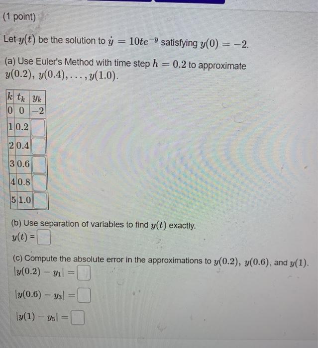 Solved (1 point) Let y(t) be the solution to y = 10te y 10te | Chegg.com Solved (1 point) Let y(t) be the solution to y = 10te y 10te | Chegg.com