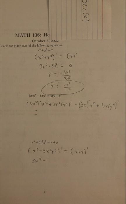 Solved MATH 136: Ho October 5, 2UZ2 Solve for y′ for each of | Chegg.com