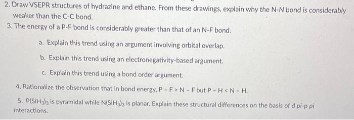 Solved 2. Draw VSEPR structures of hydrazine and ethane. | Chegg.com