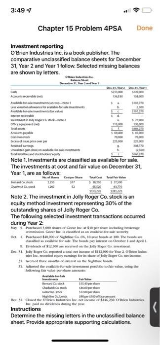 Solved Chapter 15 Problem 4PSA Investment reporting O′Brien | Chegg.com