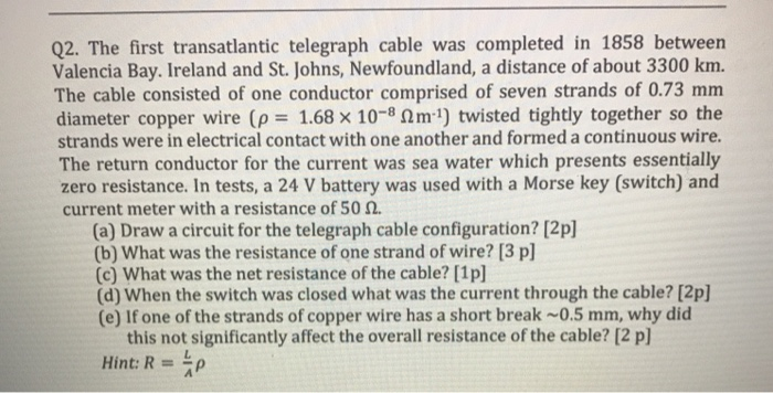 Solved Q2. The first transatlantic telegraph cable was | Chegg.com