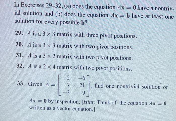 Solved In Exercises 29–32, (a) does the equation Ax = 0 have | Chegg.com