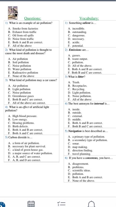 Solved Questions 1) What is an example of air pollution? A. | Chegg.com