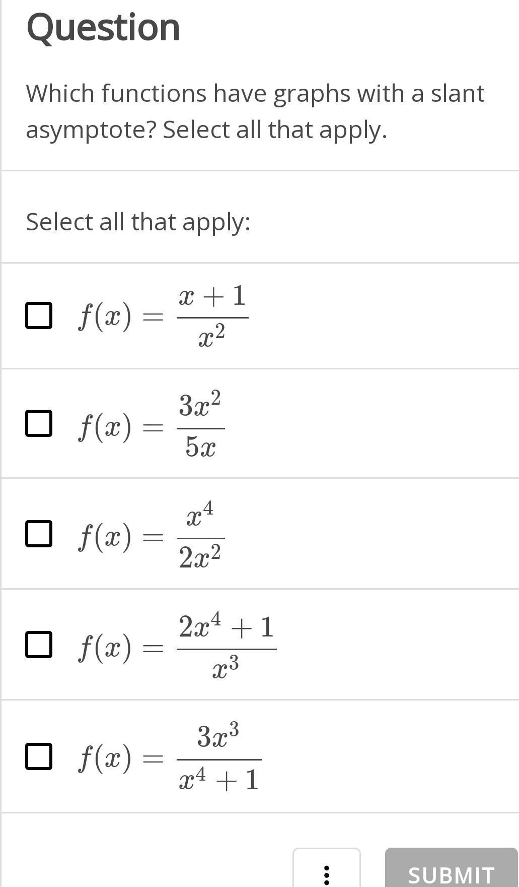 Solved Which functions have graphs with a slant asymptote? | Chegg.com