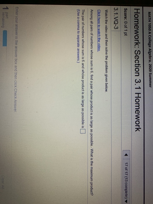 Solved MATH 1050 A College Algebra, 2020 Summer Homework: | Chegg.com