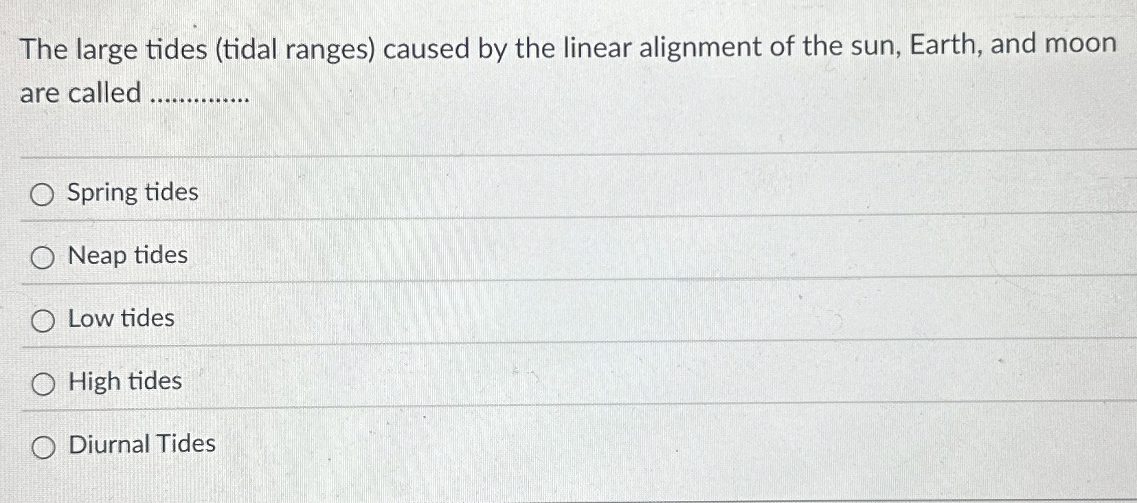Solved The large tides (tidal ranges) ﻿caused by the linear | Chegg.com