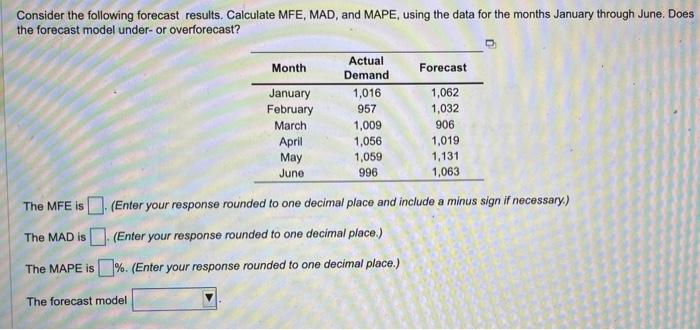 Solved Consider the following forecast results. Calculate | Chegg.com
