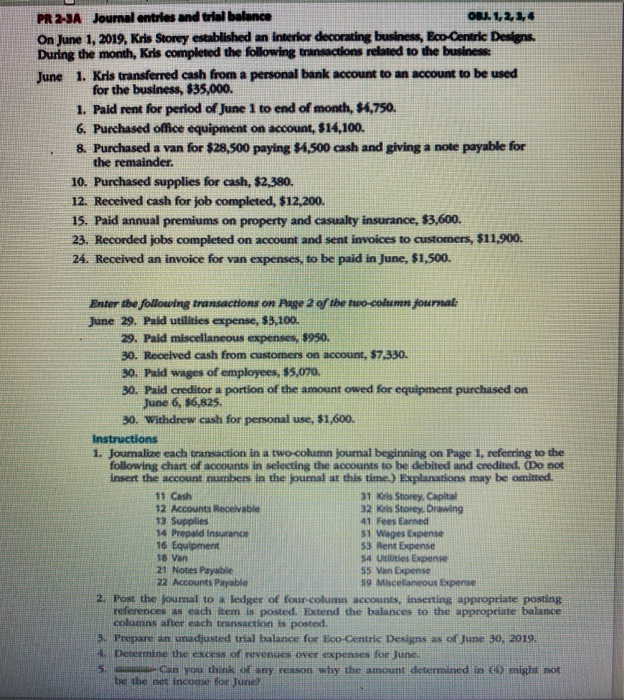 Solved PR 2-3A Journal entries and trial balance OBJ. 1, 2, | Chegg.com