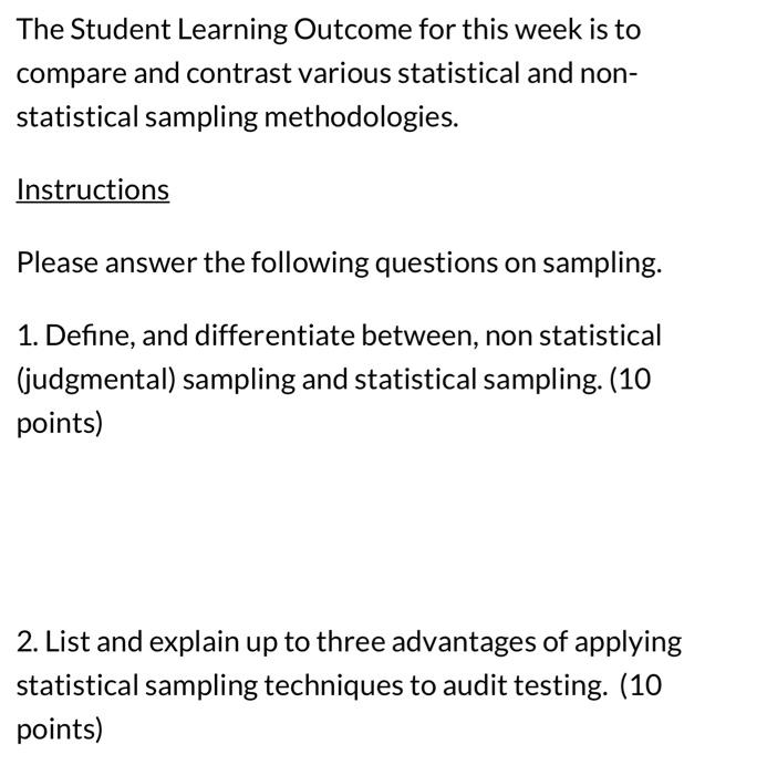 Solved The Student Learning Outcome for this week is to | Chegg.com
