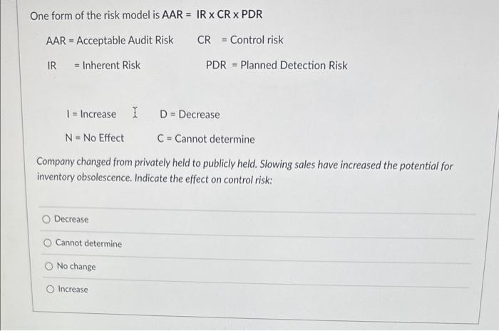 Solved One form of the risk model is AAR =IR×CR×PDR AAR= | Chegg.com