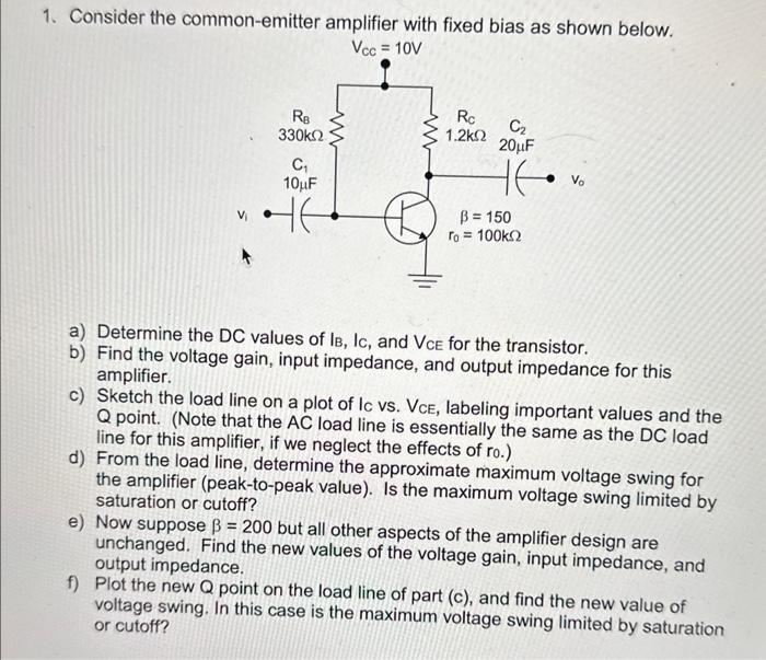 Solved 1. Consider the common-emitter amplifier with fixed | Chegg.com