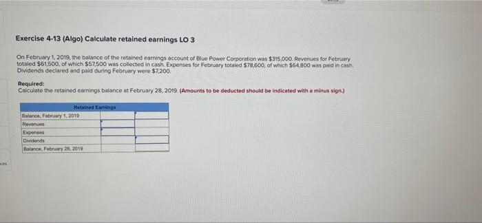 Solved Exercise 4-13 (Algo) Calculate retained earnings LO 3 | Chegg.com