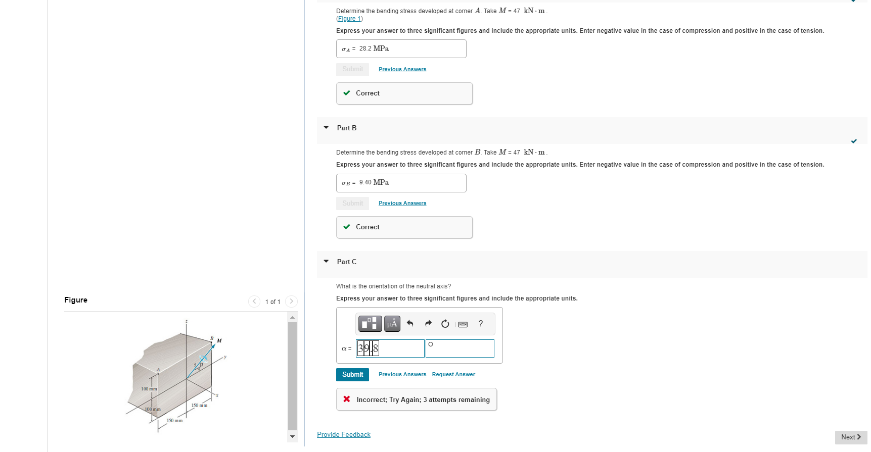 Solved Determine the bending stress developed at corner A. | Chegg.com