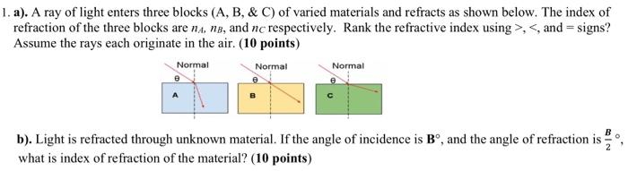 Solved a). A ray of light enters three blocks (A, B, \& C) | Chegg.com