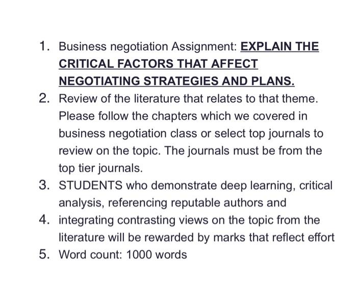 Solved 1. Business negotiation Assignment: EXPLAIN THE | Chegg.com