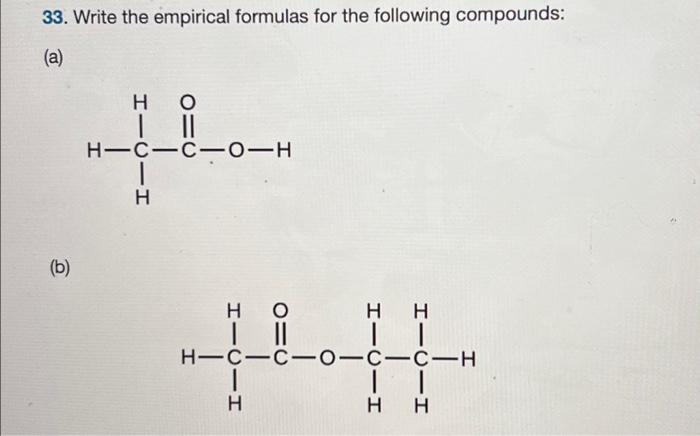 Solved 33. Write the empirical formulas for the following | Chegg.com