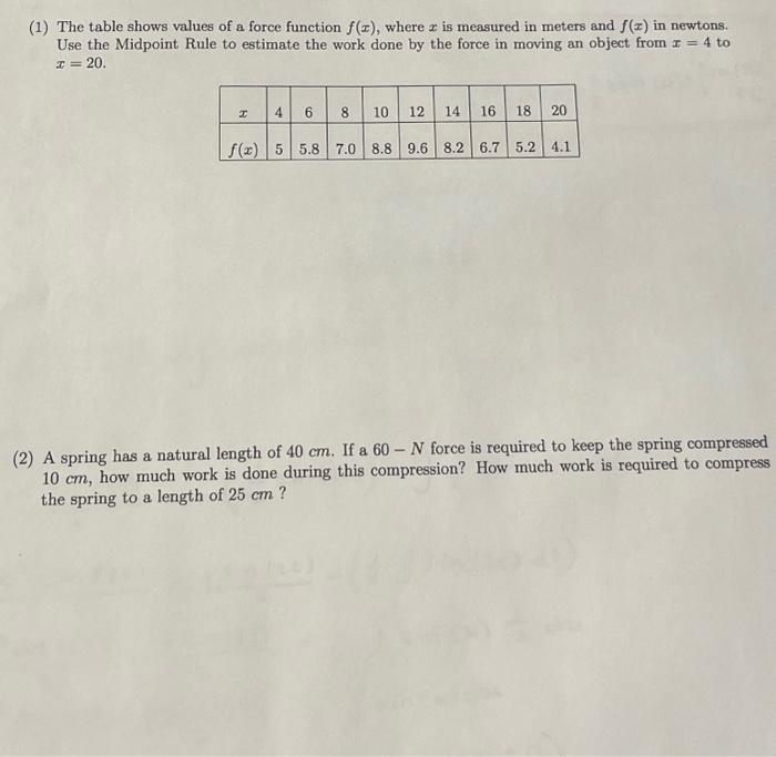 Solved (1) The table shows values of a force function f(x), | Chegg.com