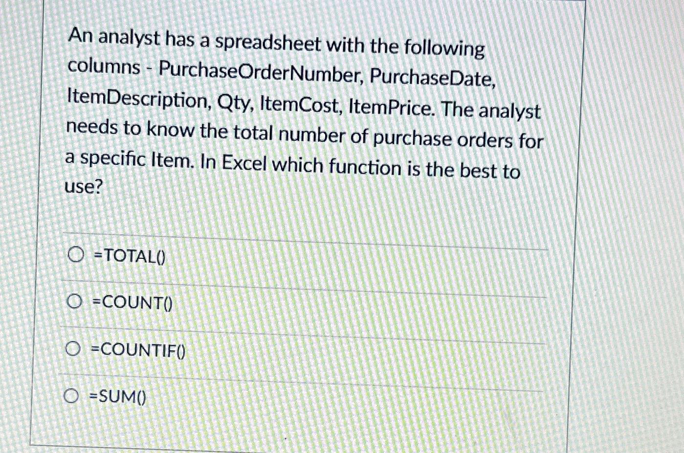 Solved An analyst has a spreadsheet with the following | Chegg.com
