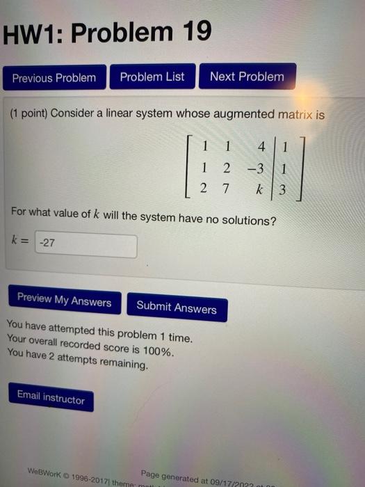 Solved 1 Point Consider A Linear System Whose Augmented 7030