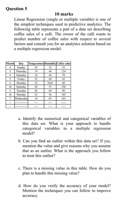 Question 5 10 marks Linear Regression (single or | Chegg.com