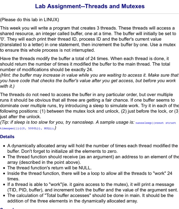 Solved Lab Assignment--Threads and Mutexes (Please do this | Chegg.com