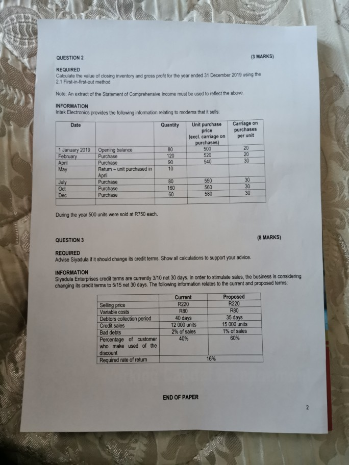 Solved QUESTION 2 (3 MARKS) REQUIRED Calculate the value of | Chegg.com