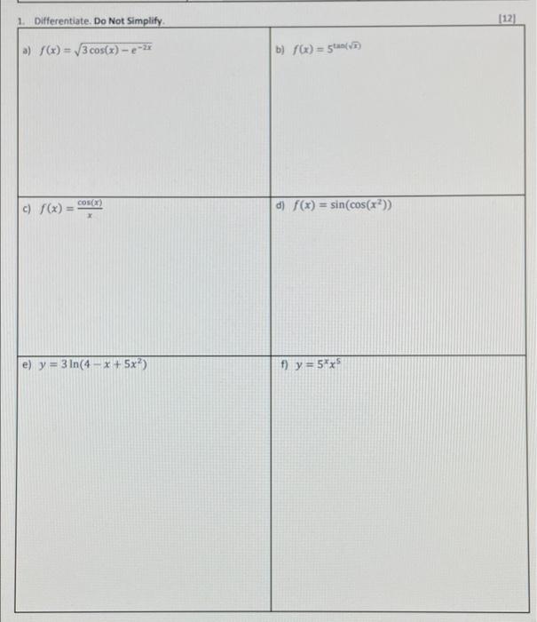 Solved 1. Differentiate. Do Not Simplify. a) f(x)=√3 | Chegg.com