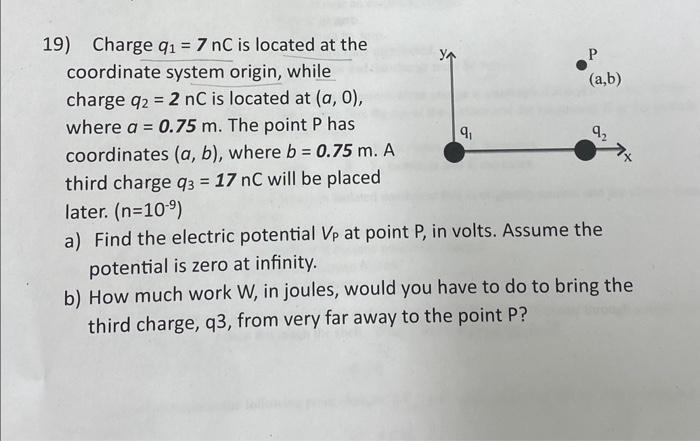 Solved 19) Charge q1=7nC is located at the coordinate system | Chegg.com