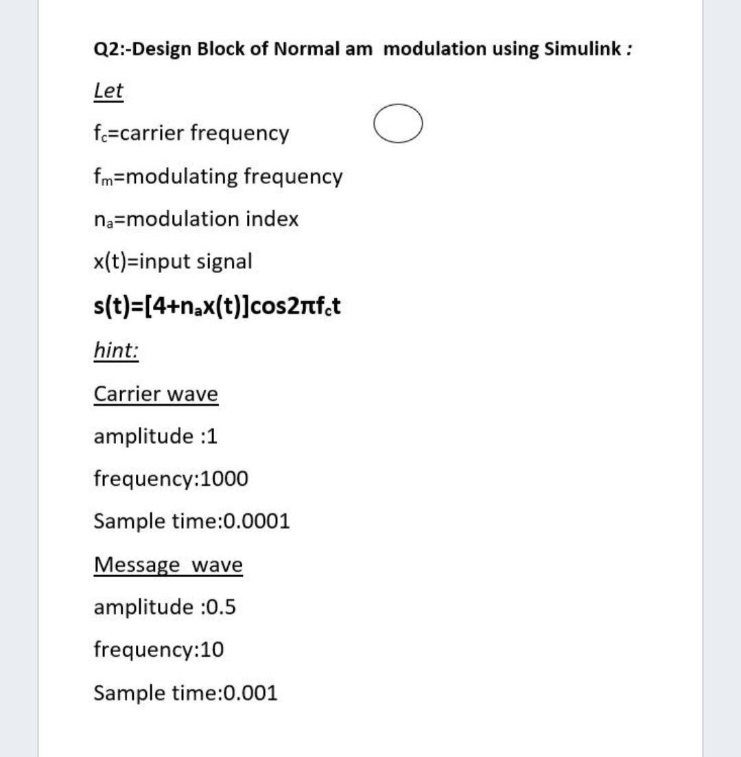 Solved Q2:-Design Block of Normal am modulation using | Chegg.com