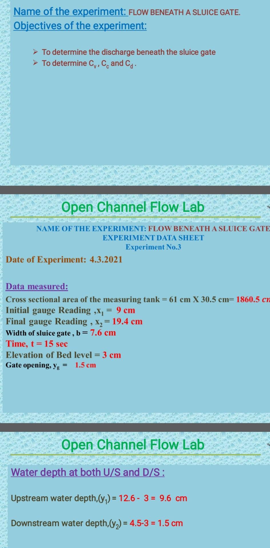 Solved Name of the experiment: FLOW BENEATH A SLUICE GATE. | Chegg.com