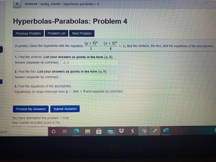 Solved wetwork / xyang ma440/ hyperbolas parabolas / 4 | Chegg.com