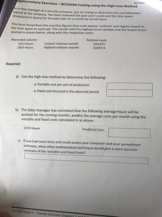 Solved ACC702 pplementary Exercises - REVISION Costing using | Chegg.com