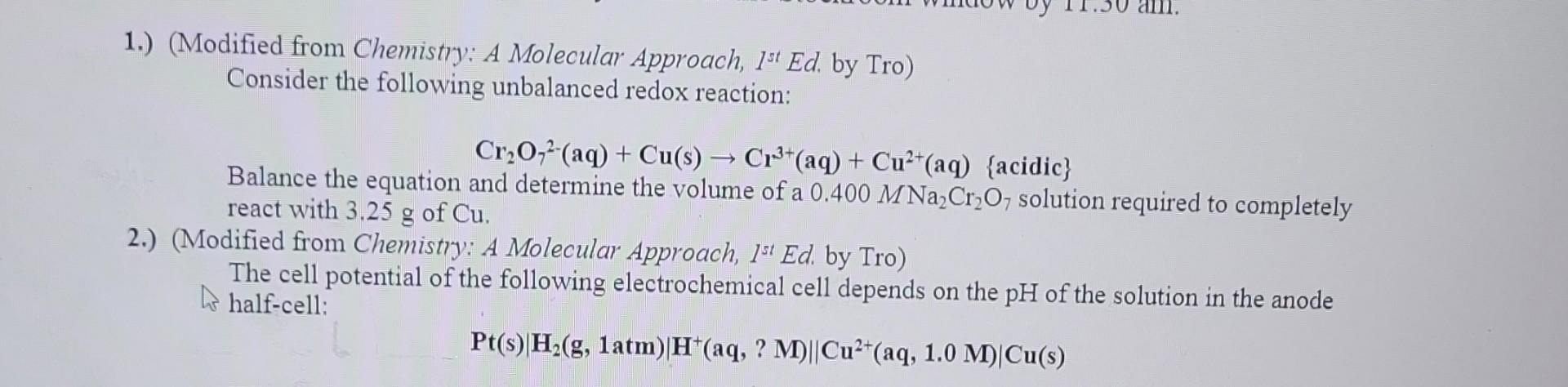 Solved 1.) (Modified from Chemistry: A Molecular Approach, | Chegg.com