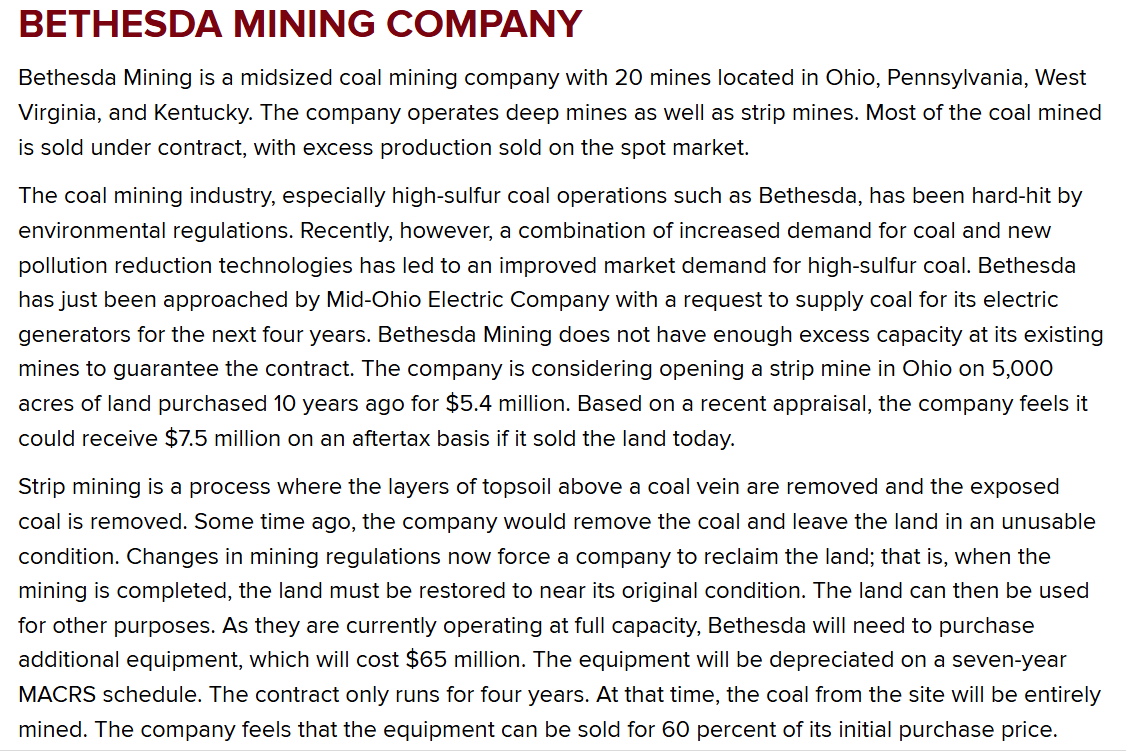 Solved Bethesda Mining is a midsized coal mining company | Chegg.com