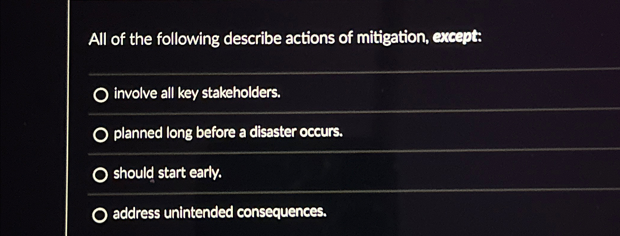 Solved All of the following describe actions of mitigation, | Chegg.com