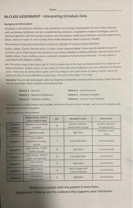 IN-CLASS ASSIGNMENT - Interpreting Urinalysis Data | Chegg.com
