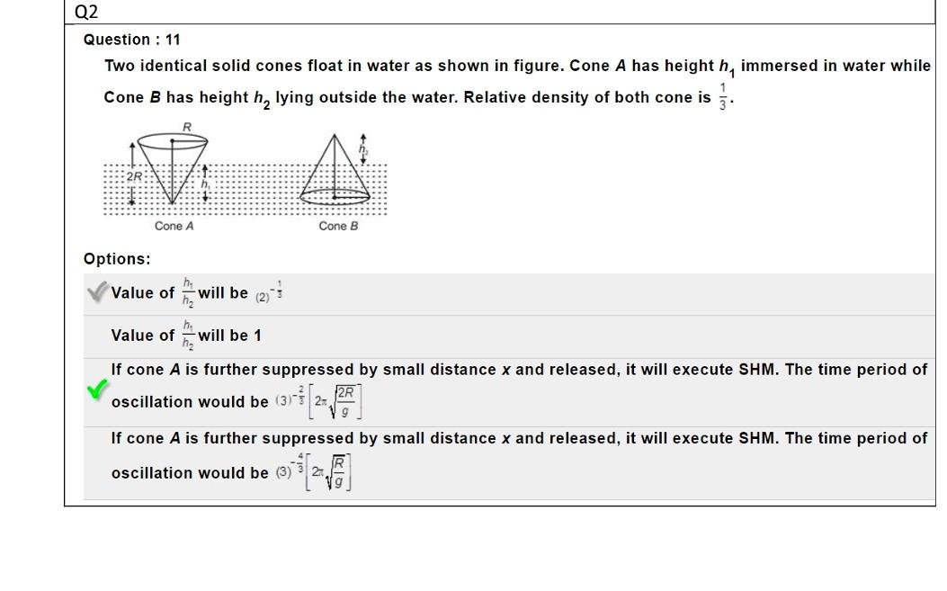 Solved Q2 Question : 11 Two identical solid cones float in | Chegg.com