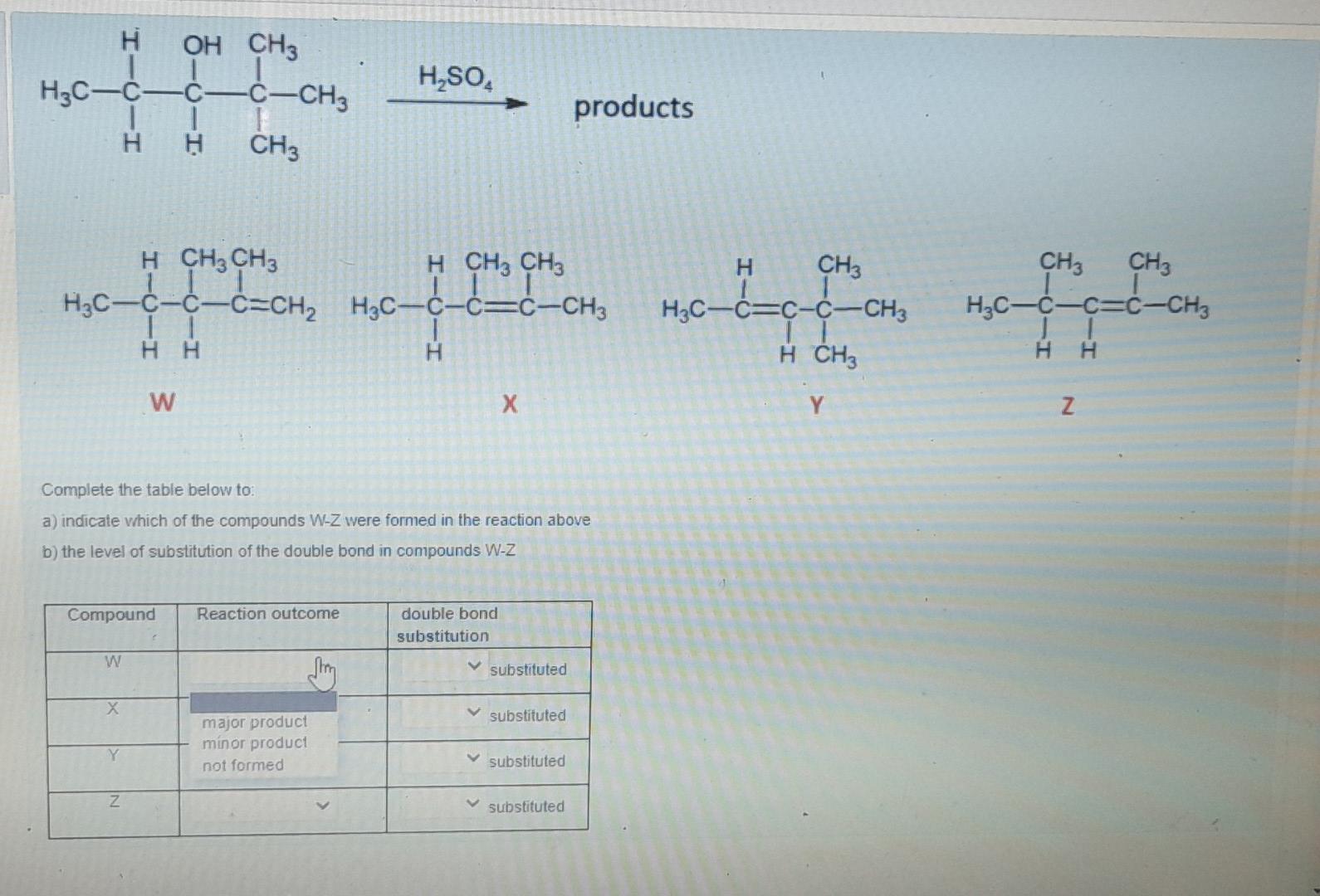 Solved H H3C-C cd OH CH3 -C-CH3 1 H H2SO4 products H CH3 H | Chegg.com