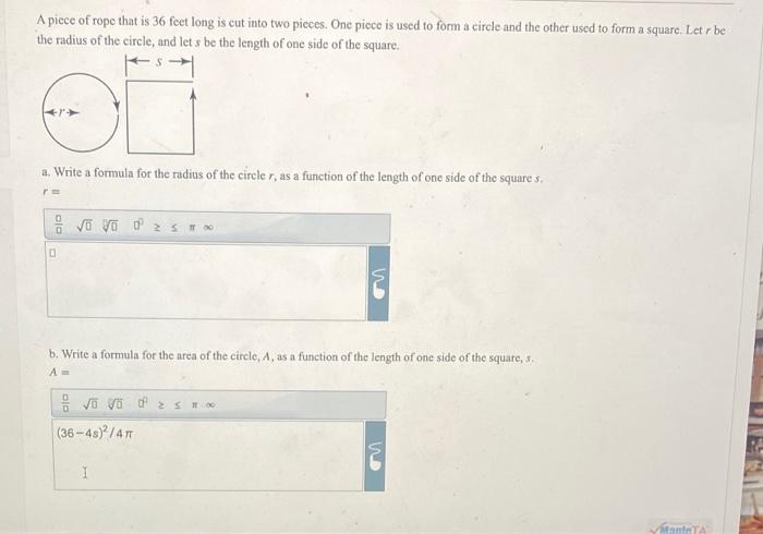 Solved A piece of rope that is 36 feet long is cut into two | Chegg.com